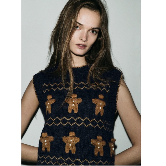 Zara | Jackets & Coats | Nwt Zara Gingerbread Cookies Knit Sweater Vest ...